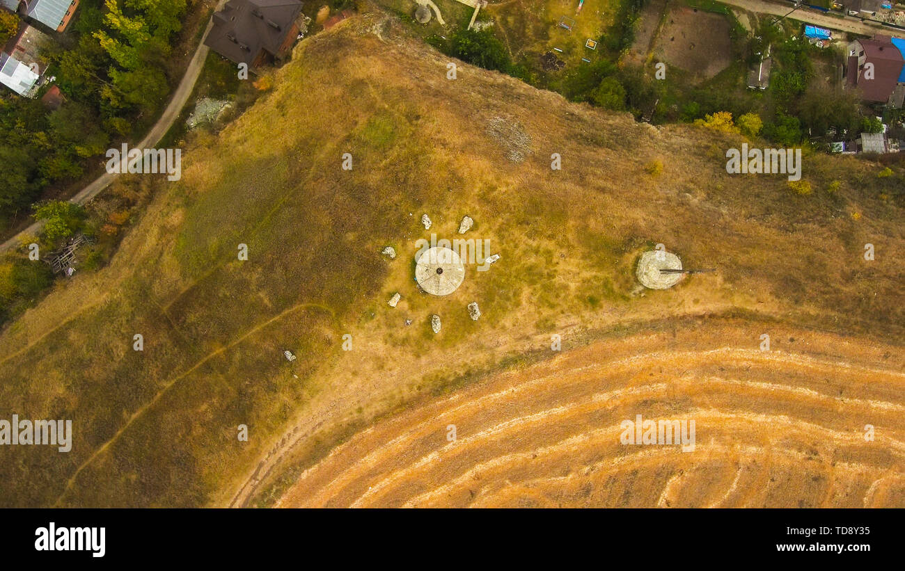Aerial, top view from Drone. Flying over the old beautiful castle ...
