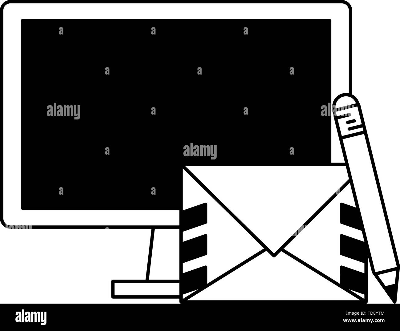 Computer and envelope with pencil symbols in black and white Stock ...