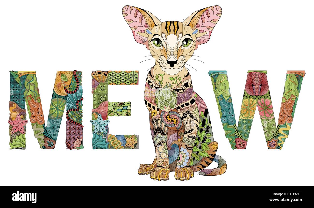 Word MEOW with a drawing of a cat. Vector zentangle object for ...