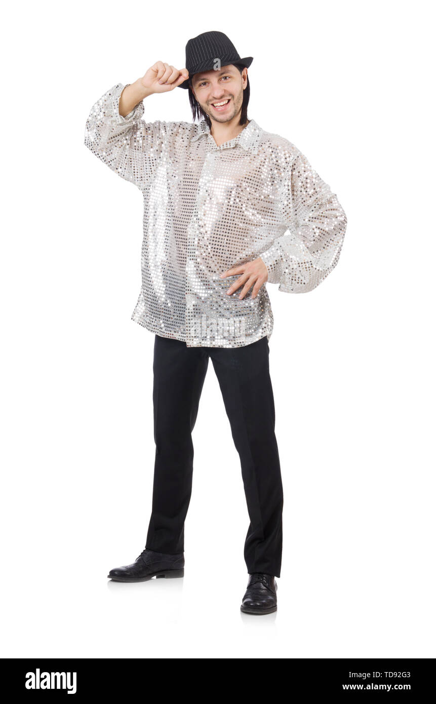 Performer in shiny costume isolated on white Stock Photo - Alamy