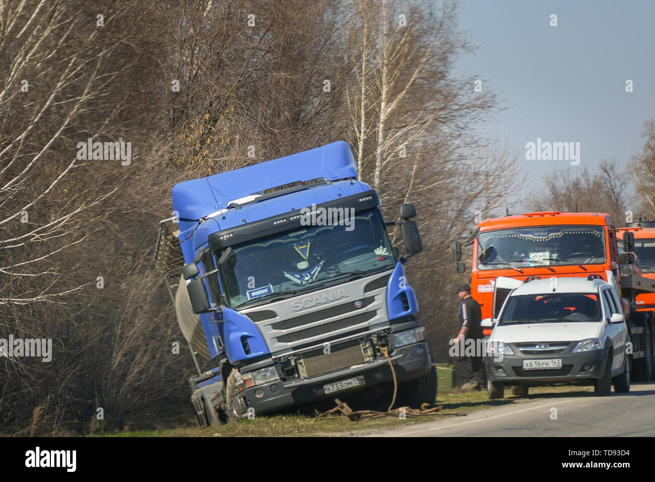 A road accident. Fuel truck crashed out of the way into a ditch Stock ...