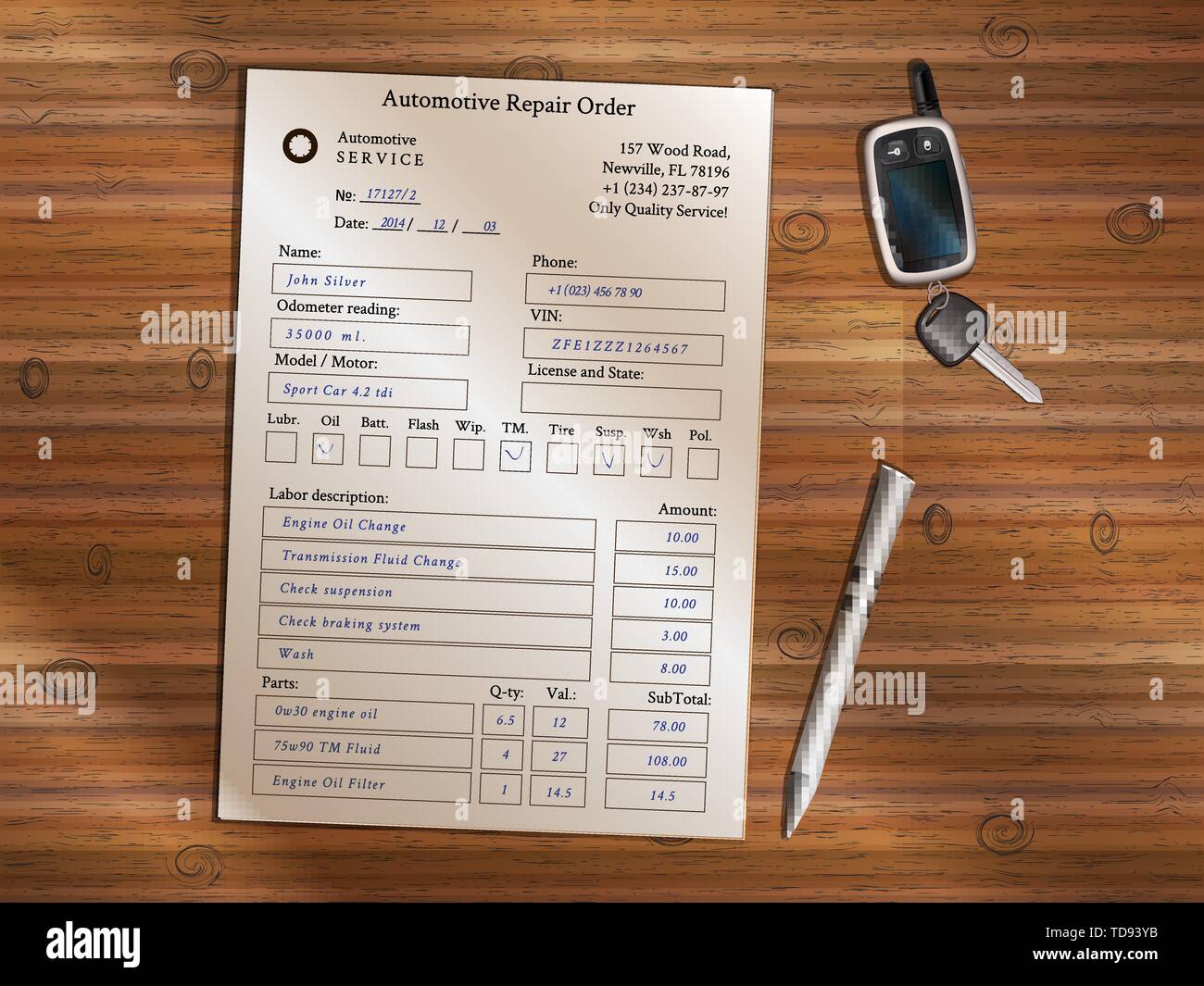 Filled automotive repair order form with remote alarm and ballpoint pen ...
