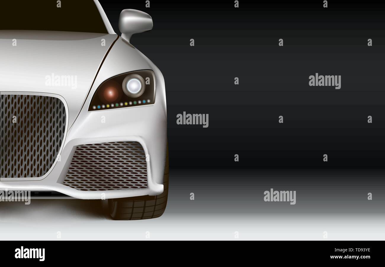 Dark background with shiny silver sport car. Left bottom half. Closeup ...
