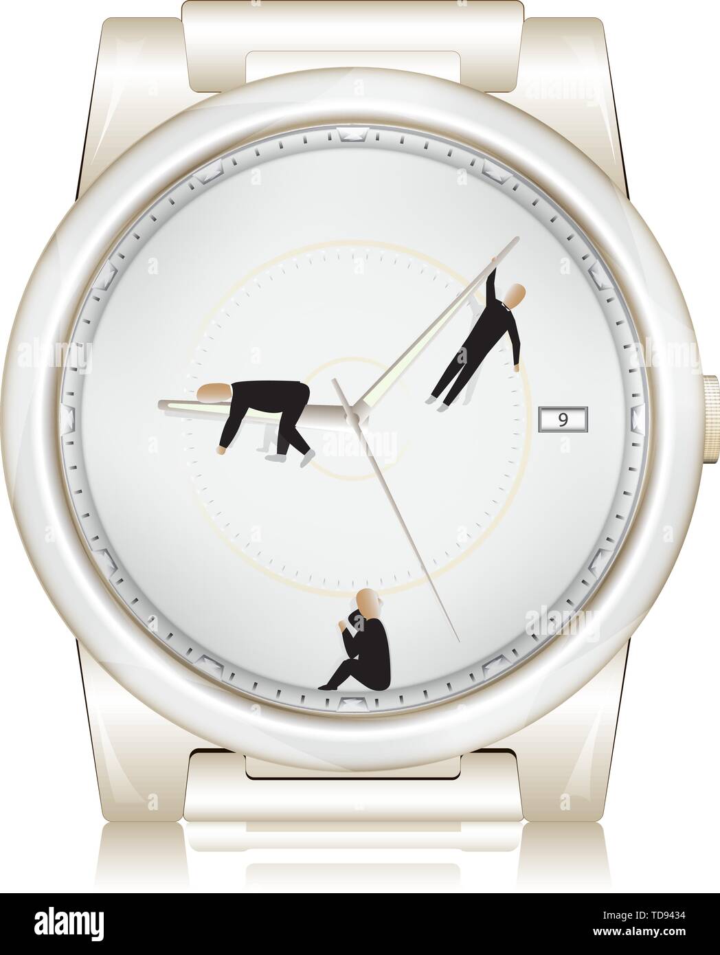 Small cartoon business people in black suits hanging on clock hands in ...