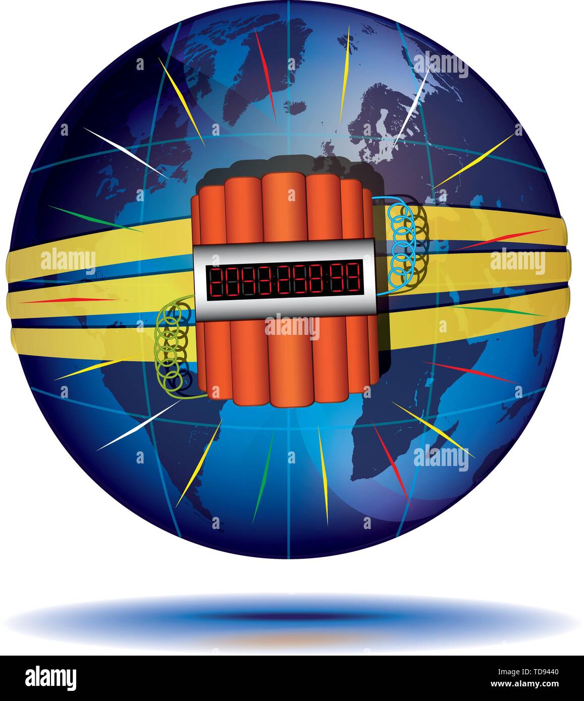 Blue Globe and dynamite with countdown timer on it. Catastrophe concept ...