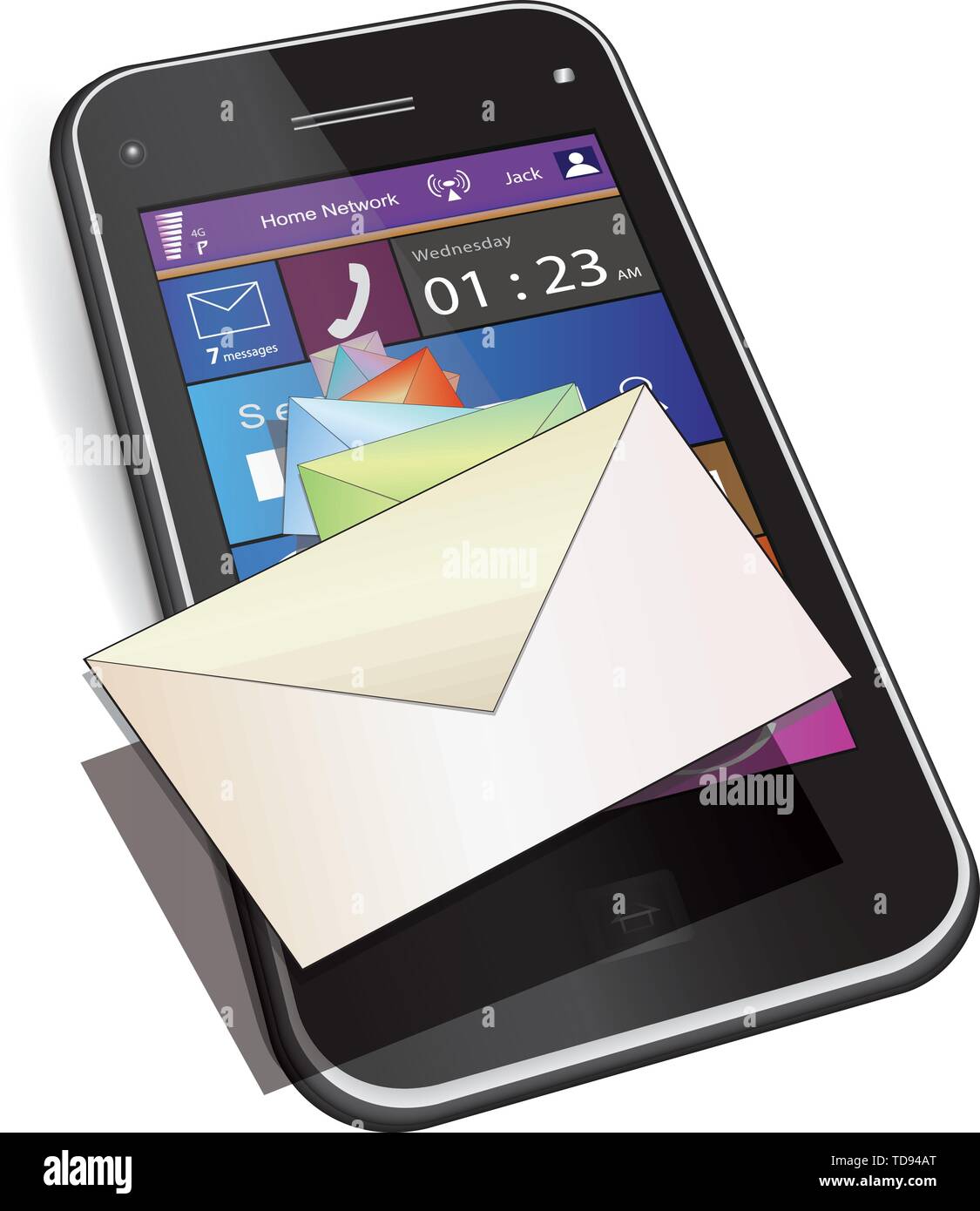 Touch screen mobile phone. Set of letter envelopes flies out from ...