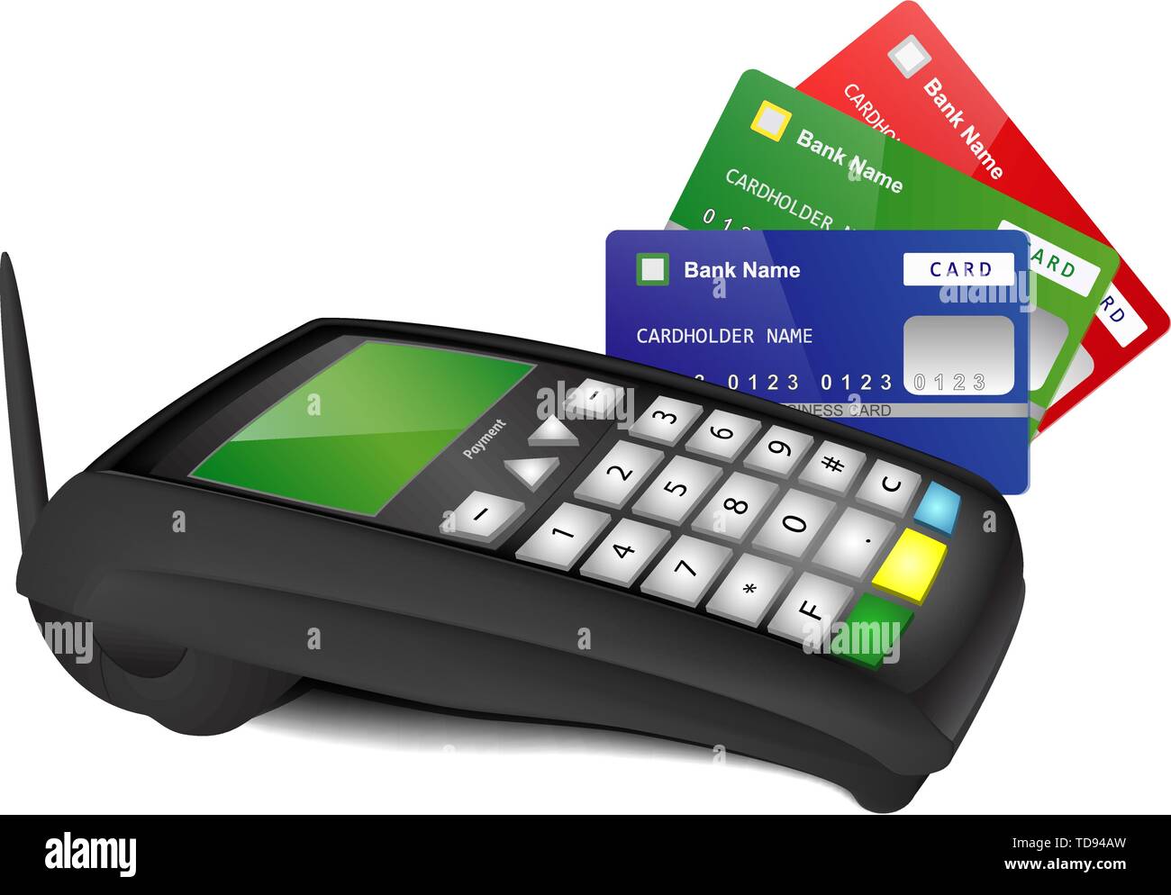 Wireless payment terminal with blue, green and red bank cards isolated ...