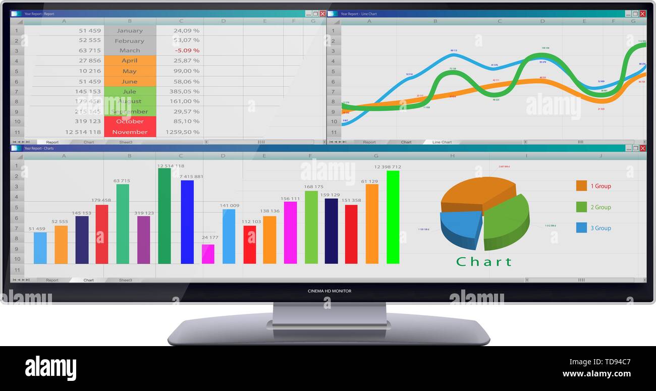 Ultra Wide Cinema HD Monitor with tables and charts on screen isolated ...