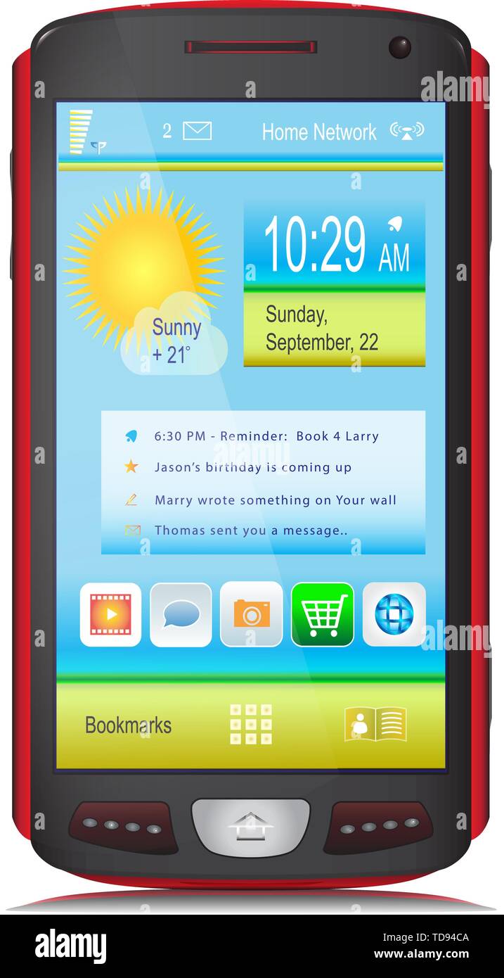 Touch Screen mobile phone isolated on white background. Black and red ...