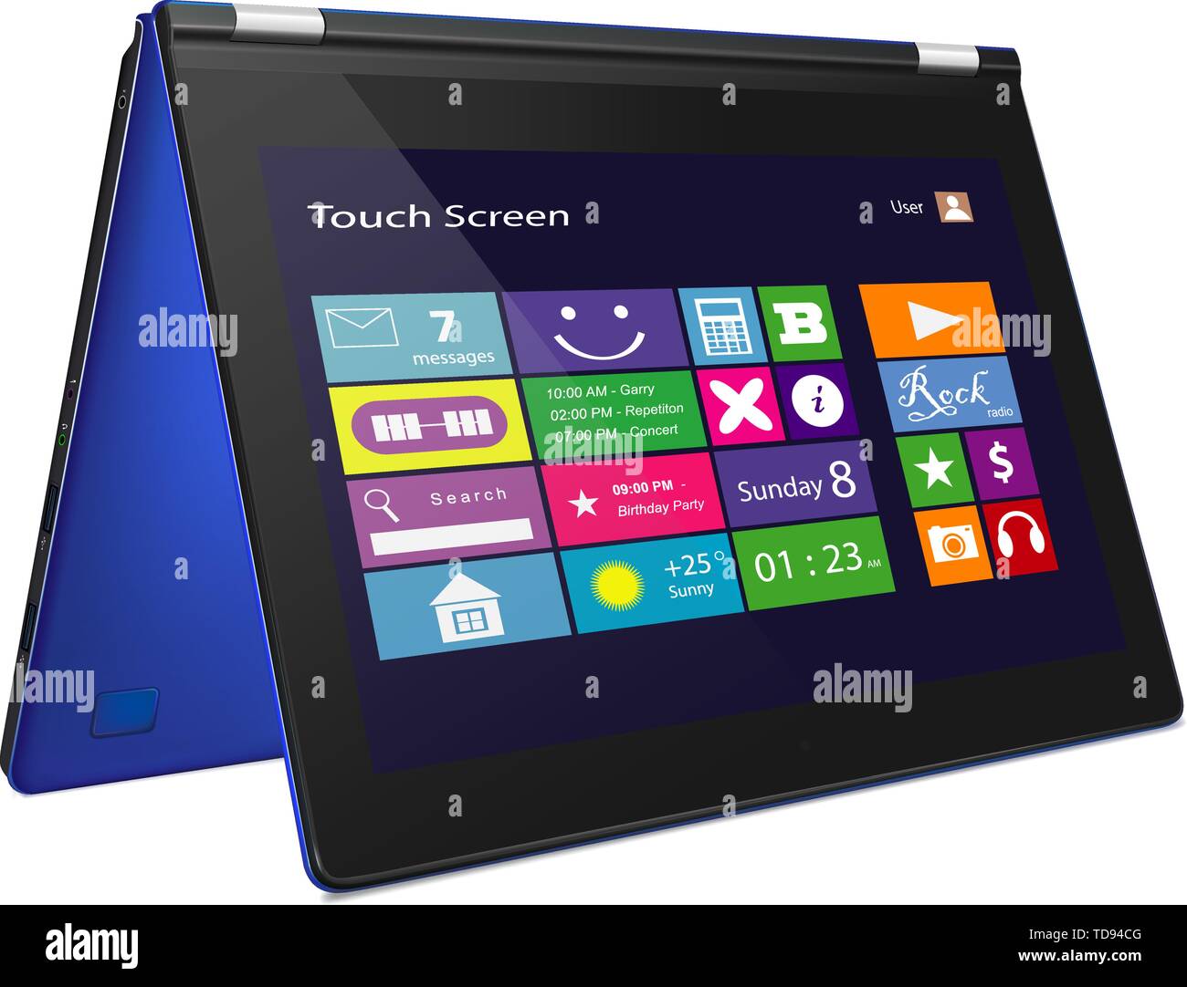 Slim convertible laptop computer with metro icons on display isolated ...