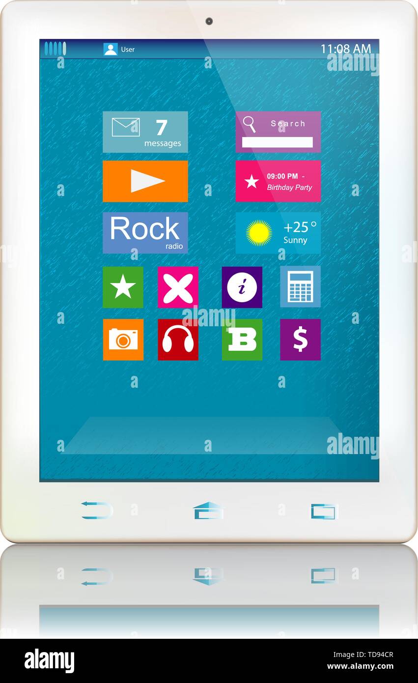 White tablet computer with color icons on display isolated on white ...