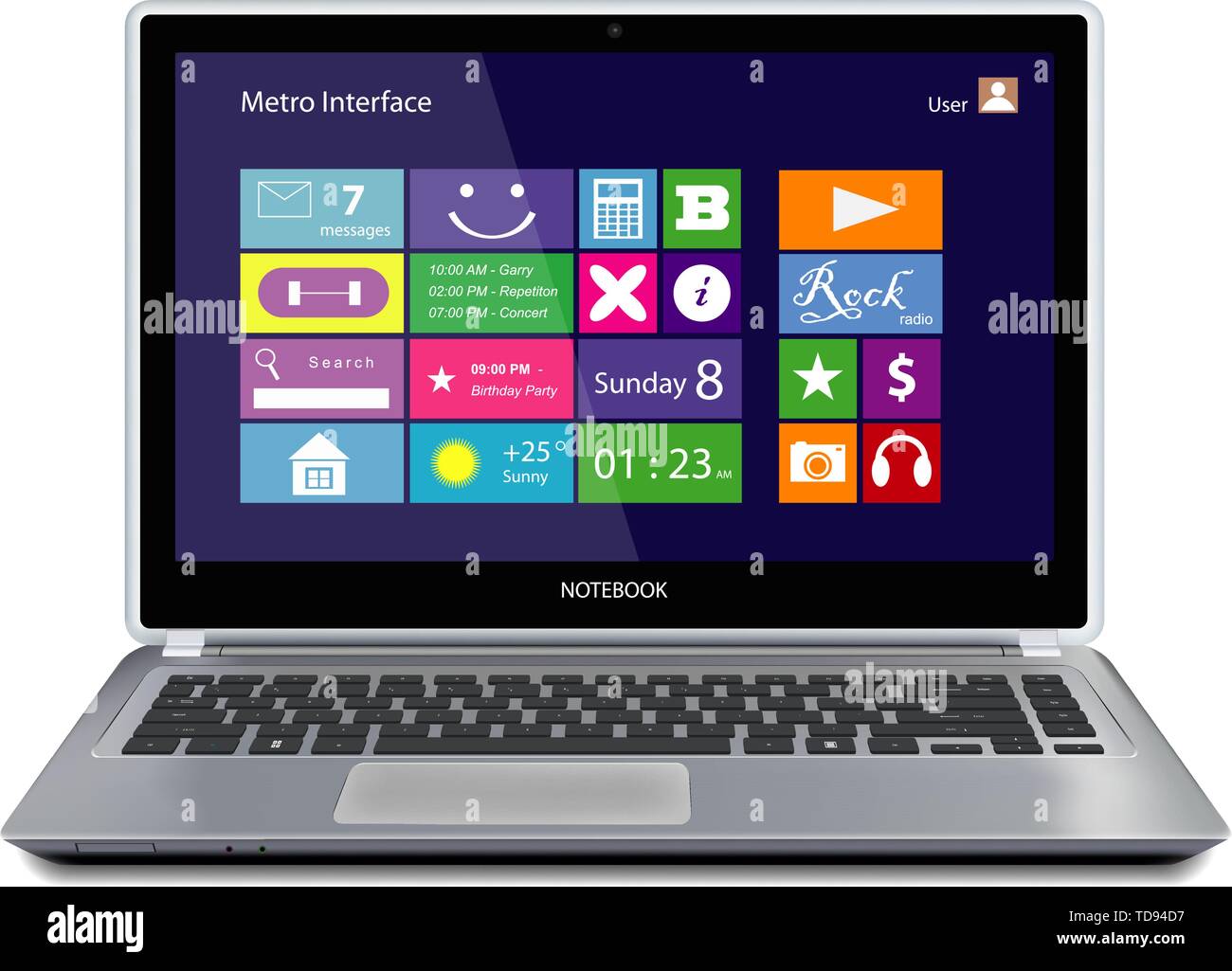 Modern metallic notebook computer with metro icons on display isolated ...