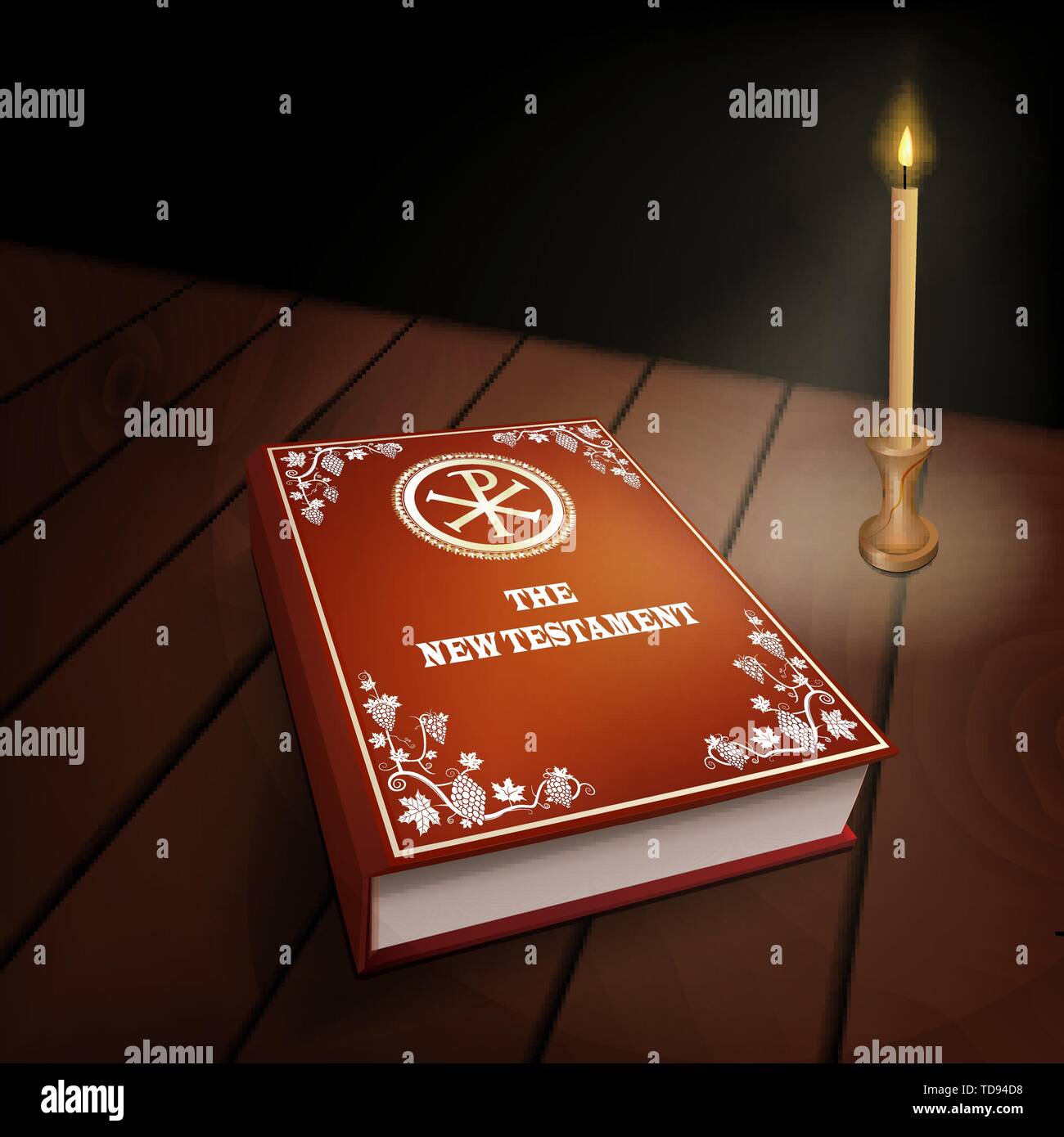New Testament book with red cover on wood table with burning candle ...