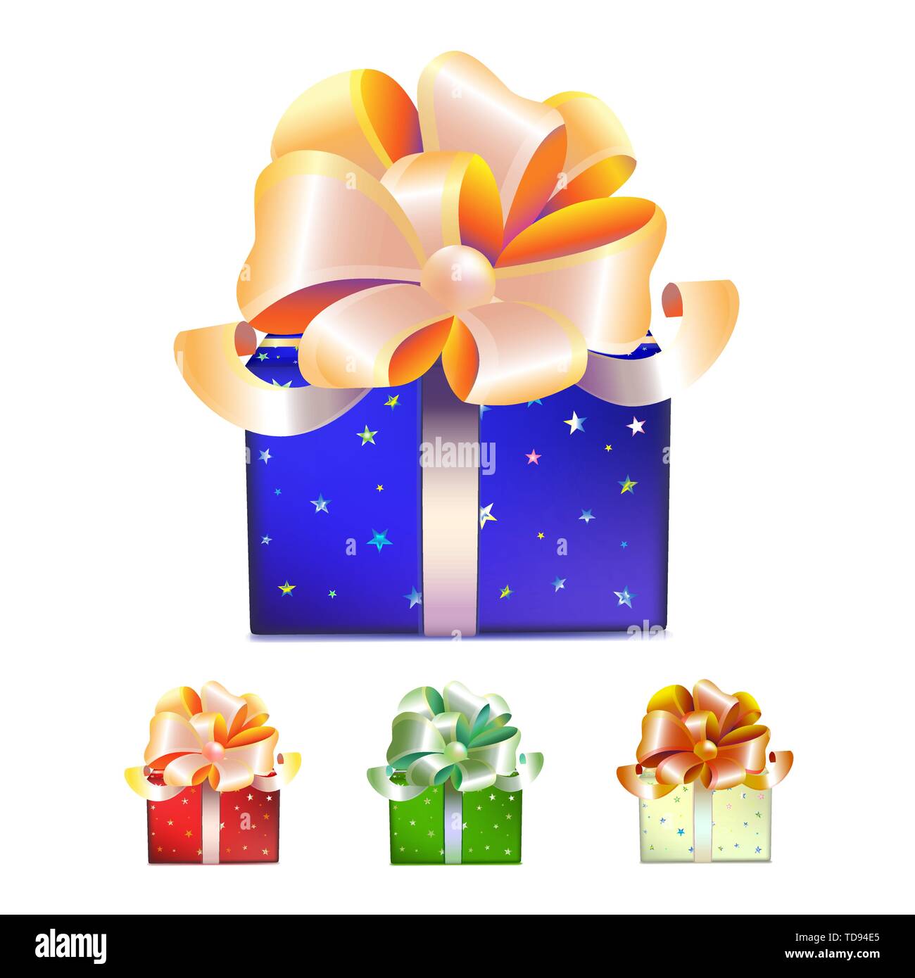 Set of blue, red, green and white gift boxes with bows, ribbons and ...