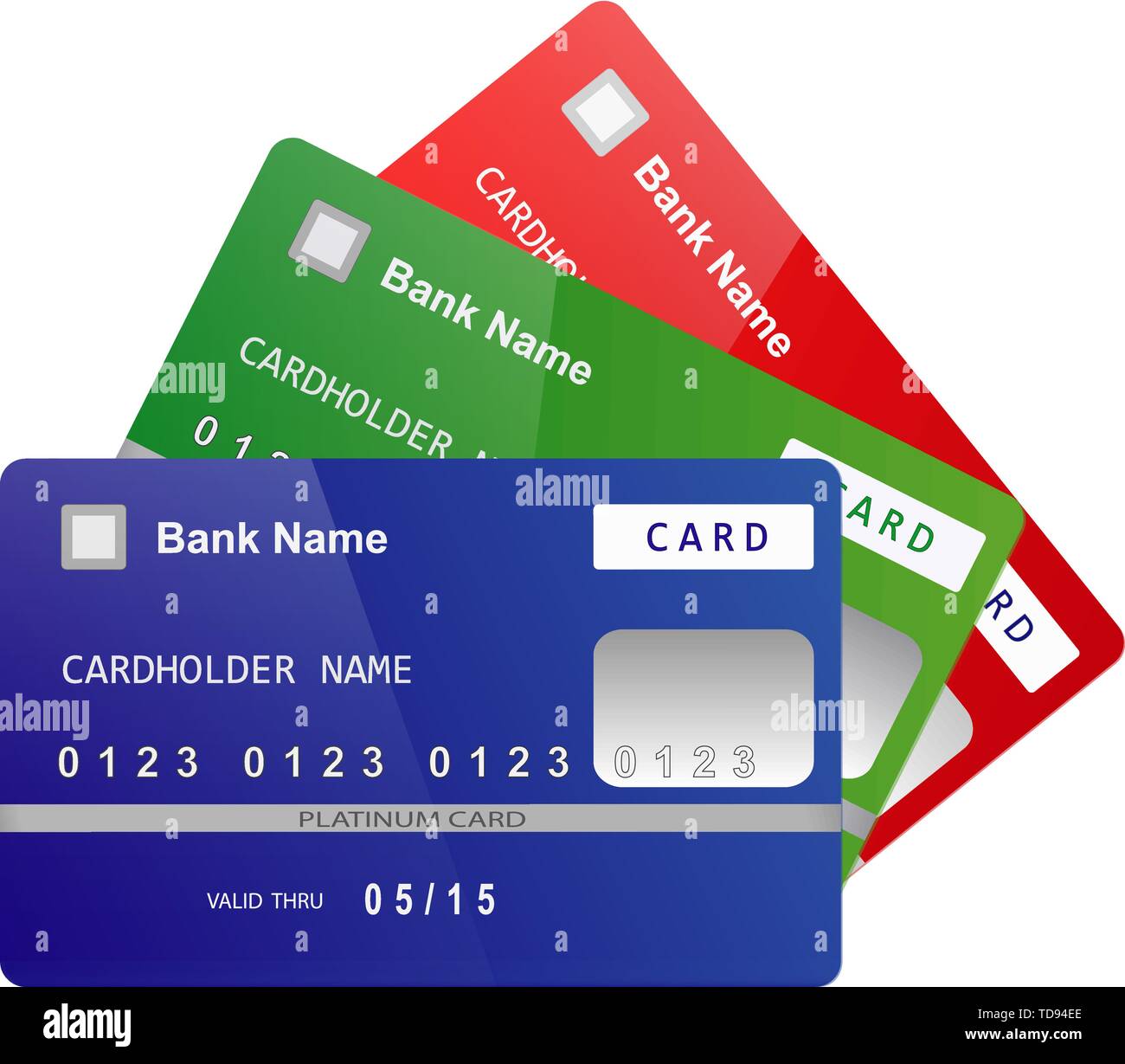 Set of color bank credit cards folded like a fan isolated on white ...
