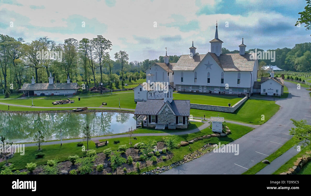 Aerial View of a Old Barns with Steeple or Cupola as Seen by a Drone ...