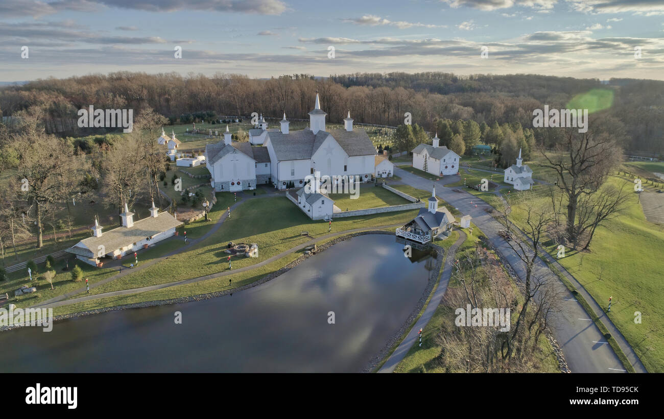 Aerial View of a Old Barns with Steeple or Cupola as Seen by a Drone ...