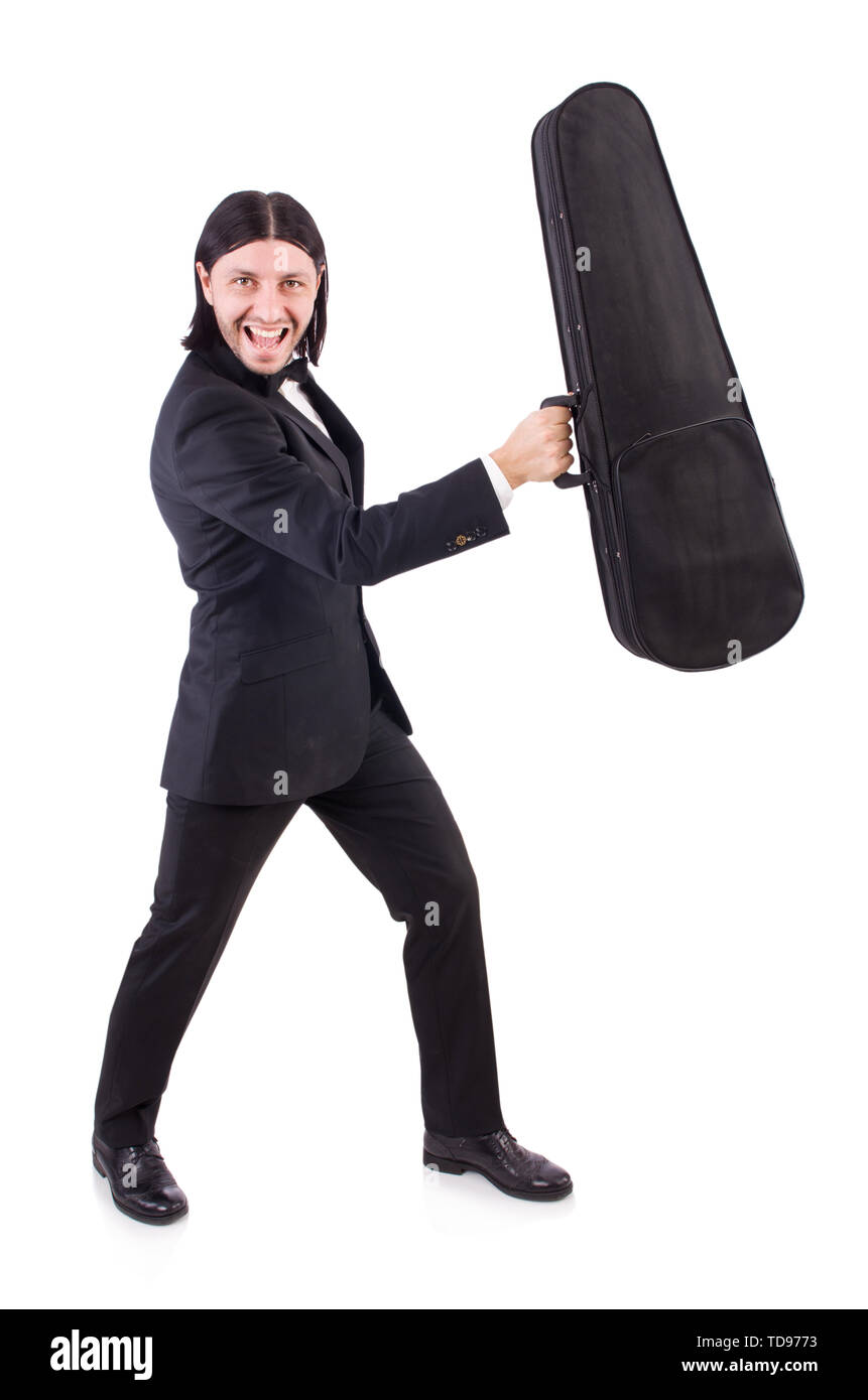 Man with violin case isolated on white Stock Photo - Alamy