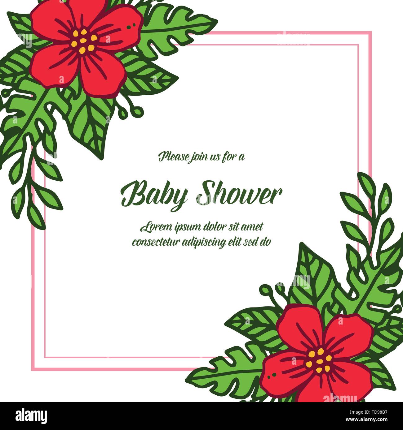 Vector illustration poster baby shower for red flower frame blooms hand ...