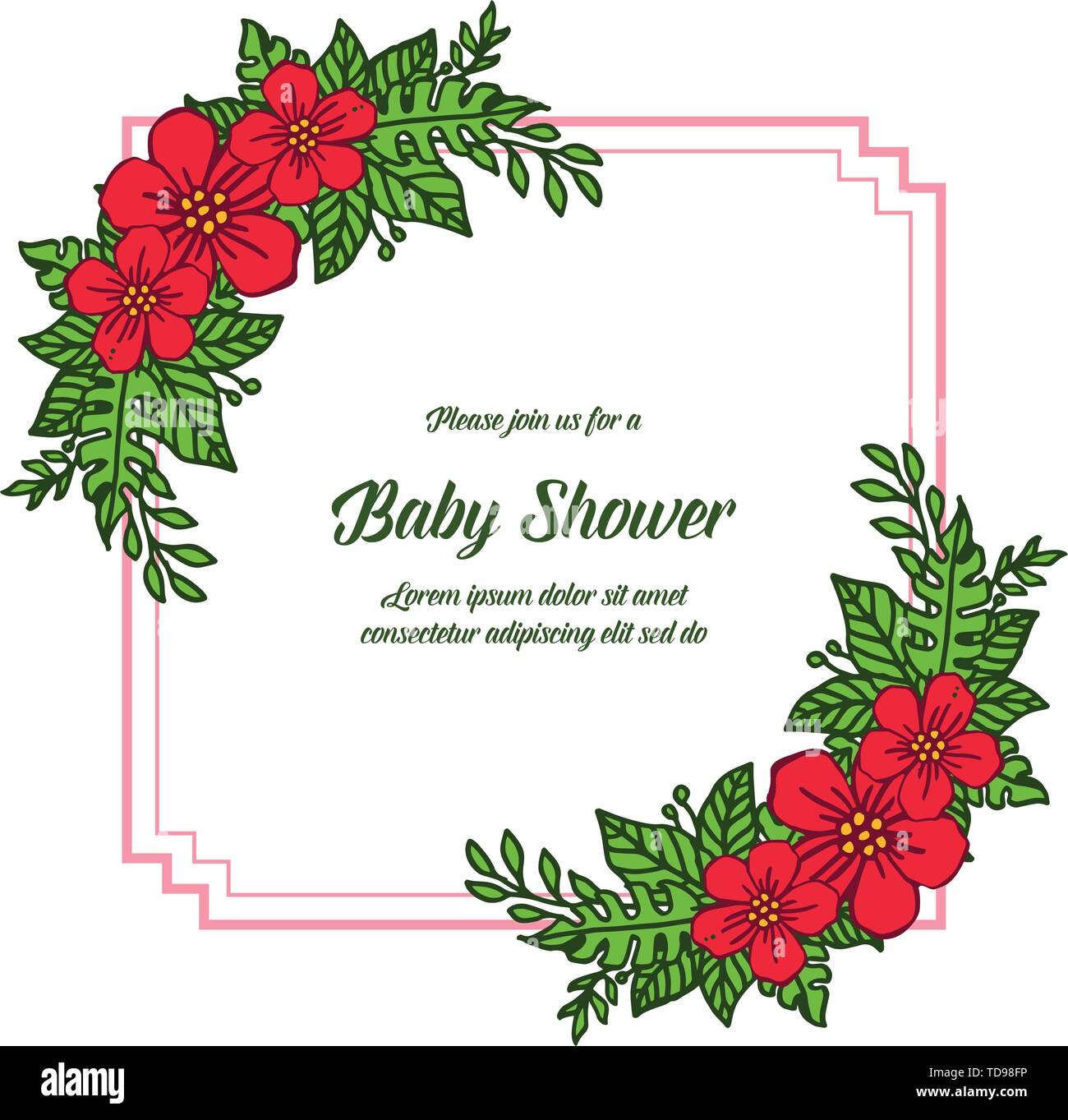 Vector illustration card baby shower for frame flower red and leaves ...