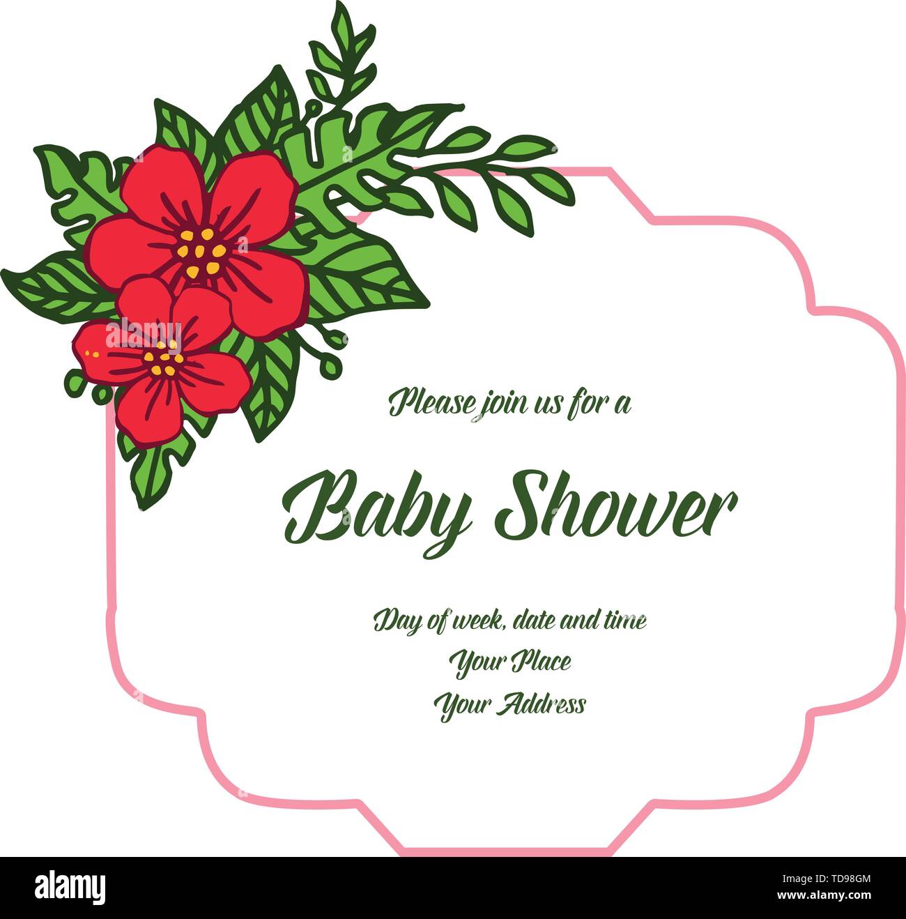 Vector illustration template baby shower for bright red flower frames ...