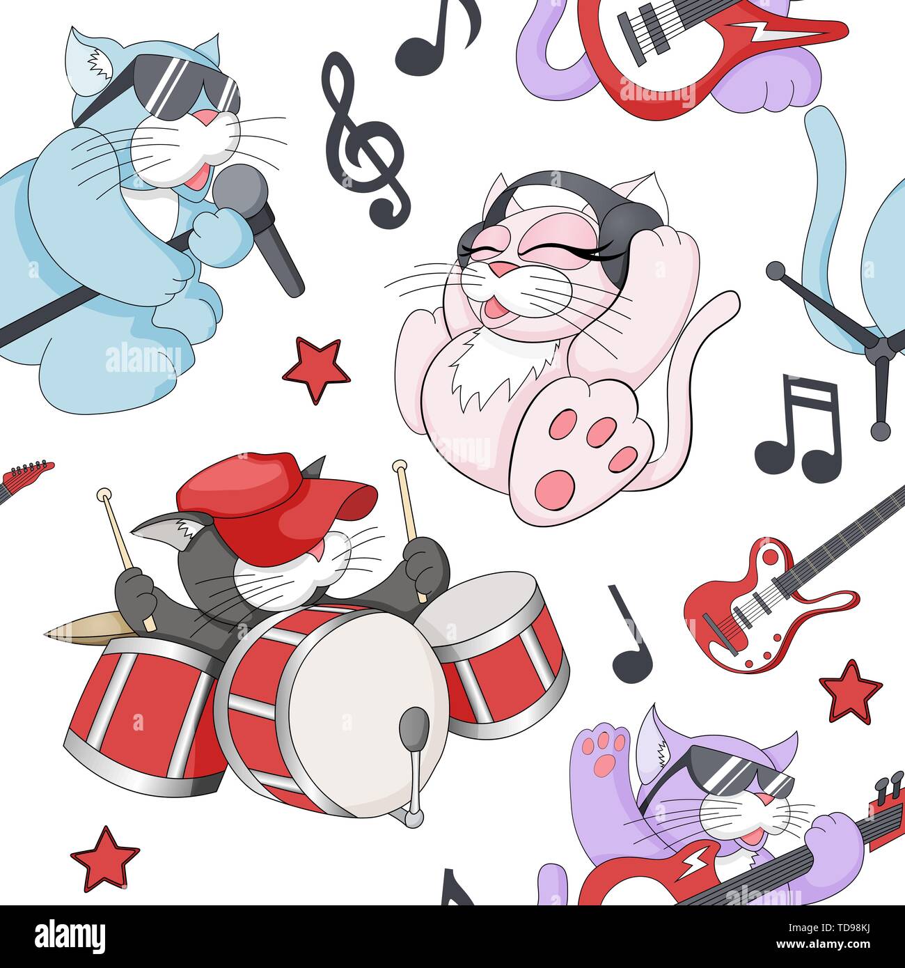 Seamless pattern with cute cartoon musical kittens on white background ...