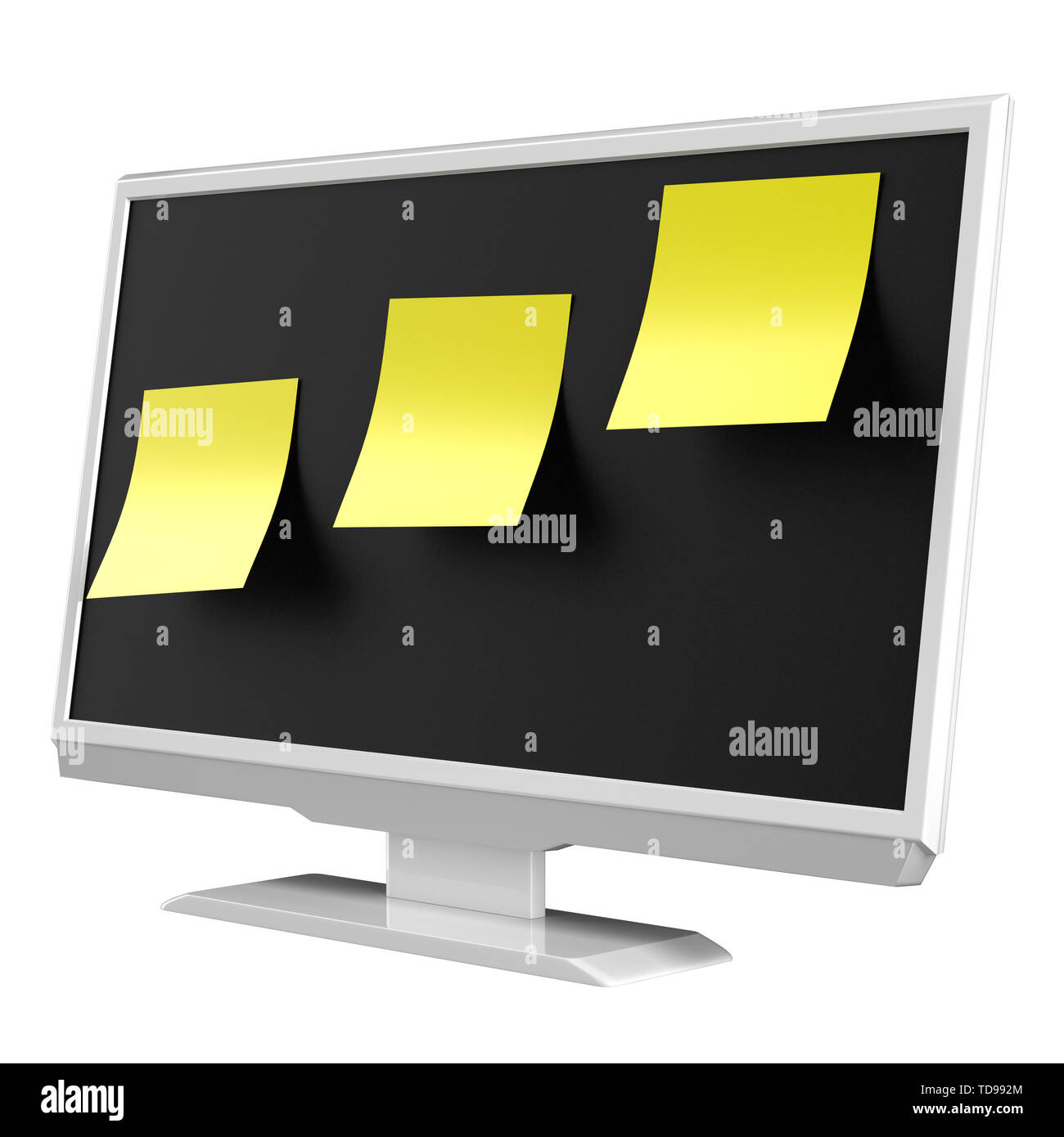 TV or PC monitor with big yellow sticky notes on the screen, isolated ...