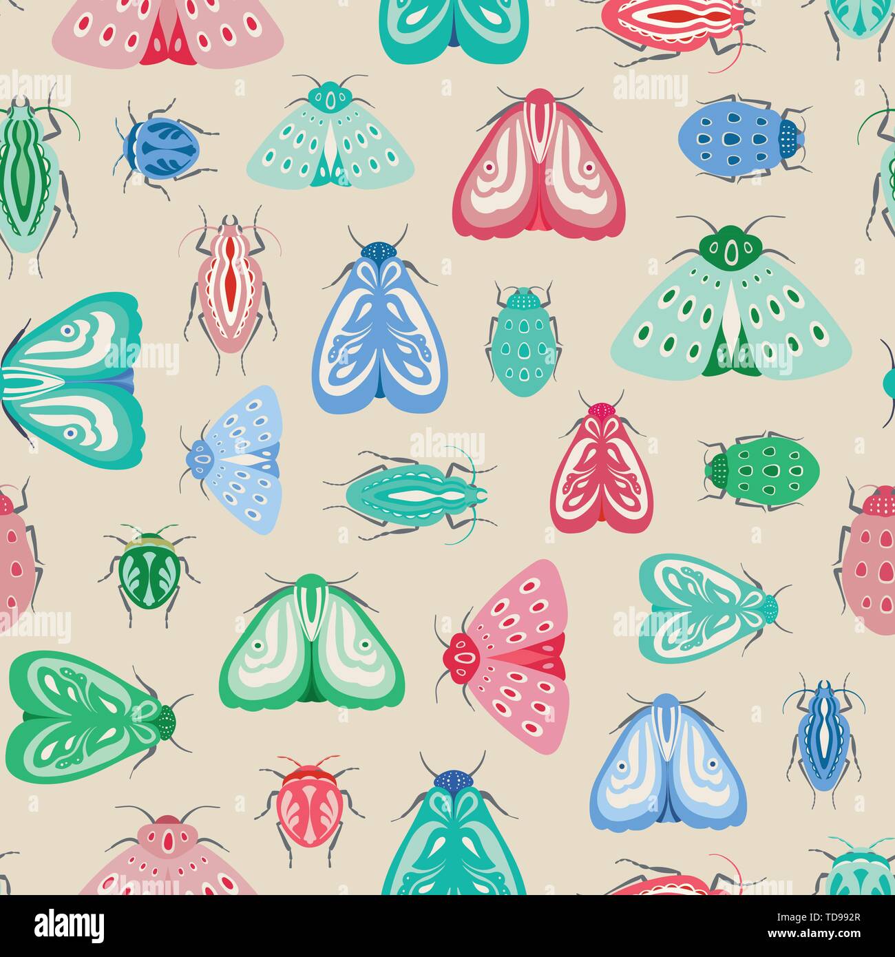 Colourful moths and beetles seamless repeat pattern. A vector design of ... Colourful moths and beetles seamless repeat pattern. A vector design of ...
