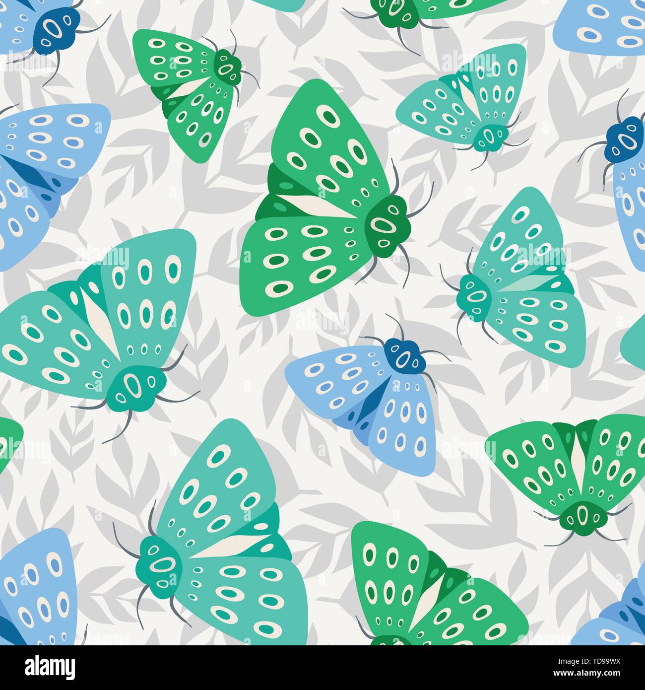 Seamless repeat pattern background of green and blue moths on tossed ...