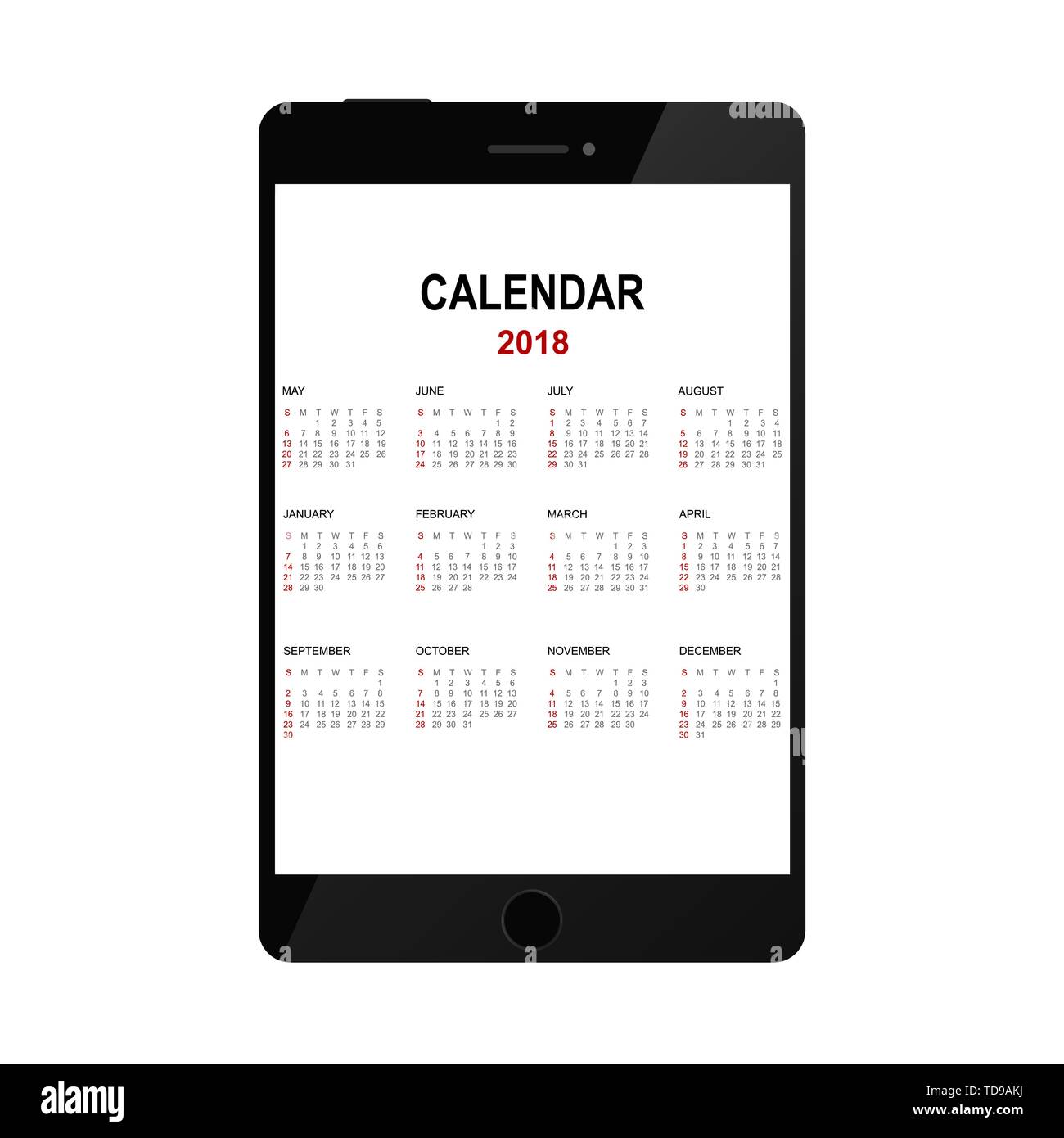 Calendar 2018 in tablet isolated on white background Stock Vector Image ...