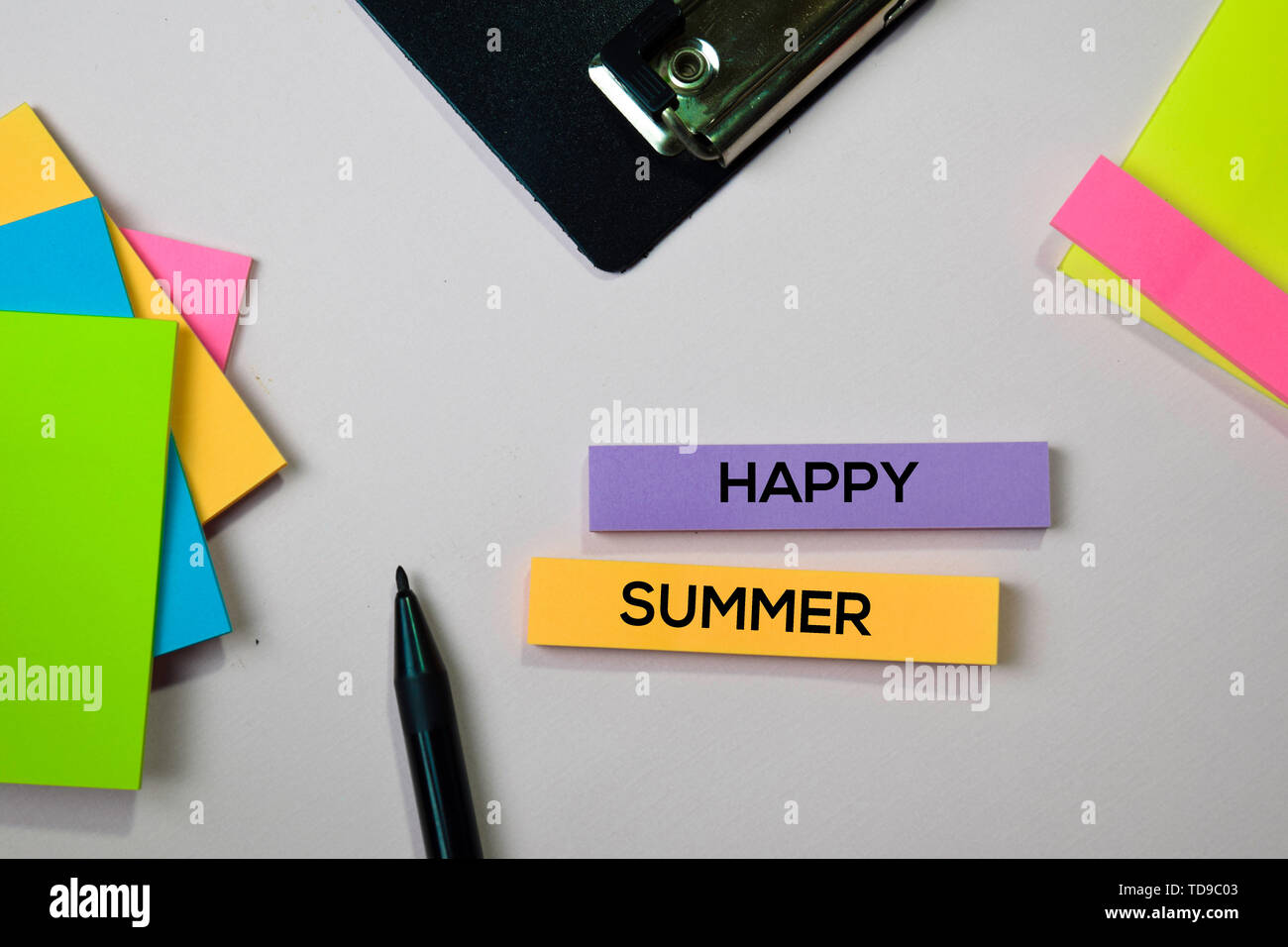 Happy Summer text on sticky notes with office desk concept Stock Photo ...