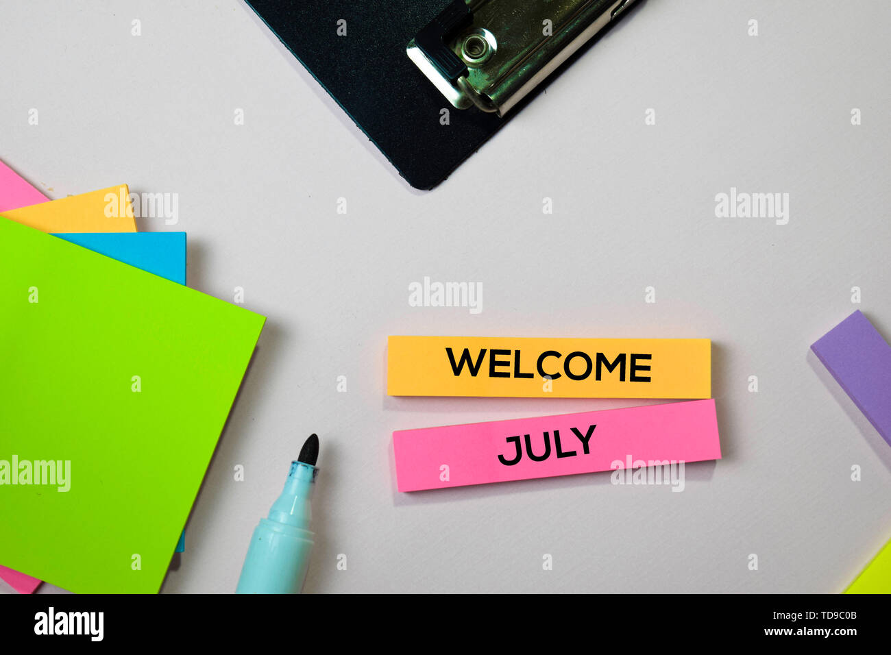 Welcome July text on sticky notes with office desk concept Stock Photo ...