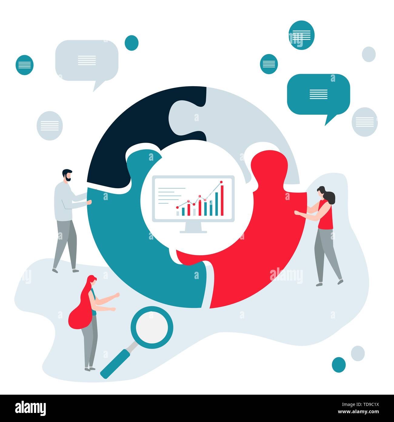 Vector illustration with people connect puzzle elements. Teamwork ...
