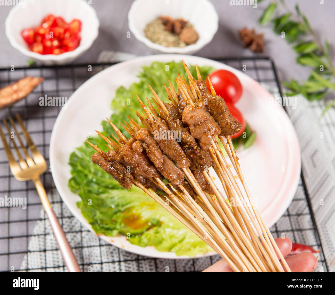 Iron plate barbecue lamb kebab, duck gizzard, lamb, pork beef Stock ...