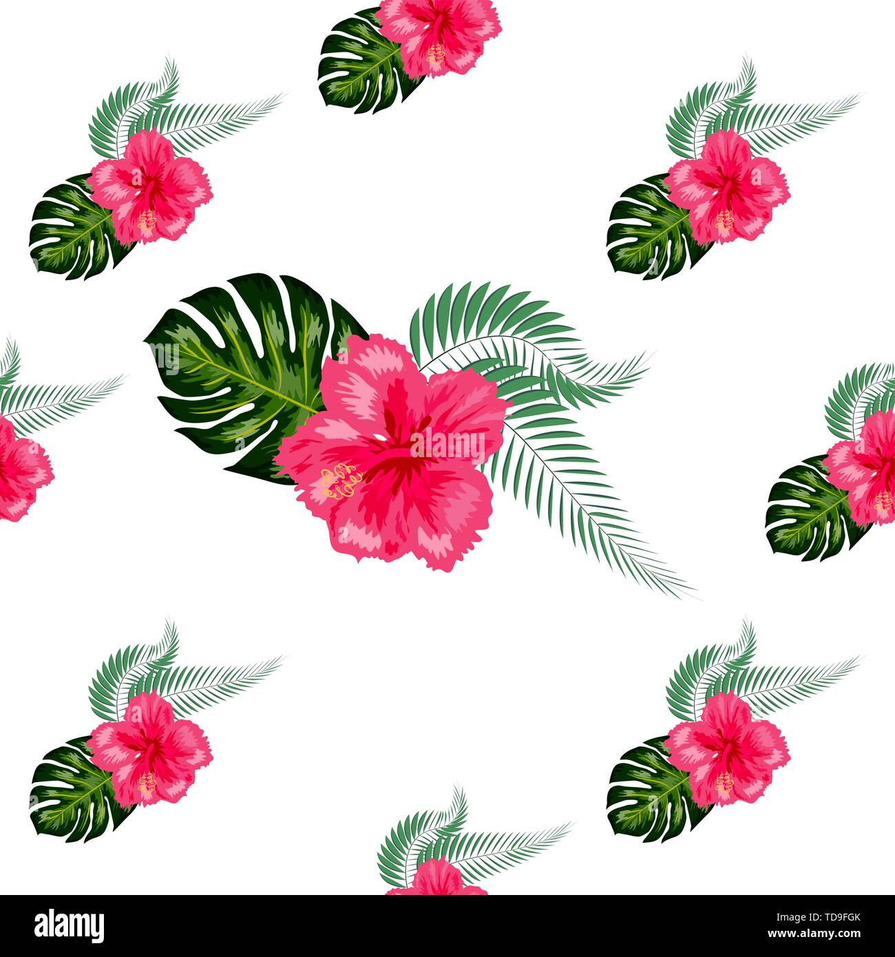 Tropical vintage hibiscus plumeria floral green leaves seamless pattern white background. Exotic ...