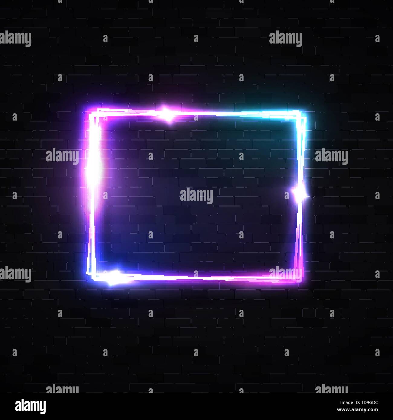 Neon rectangle laser wall sign on black brick background. Electric ...