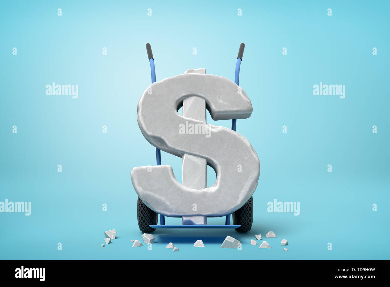 3d rendering of large stone dollar symbol on blue hand truck with big ...