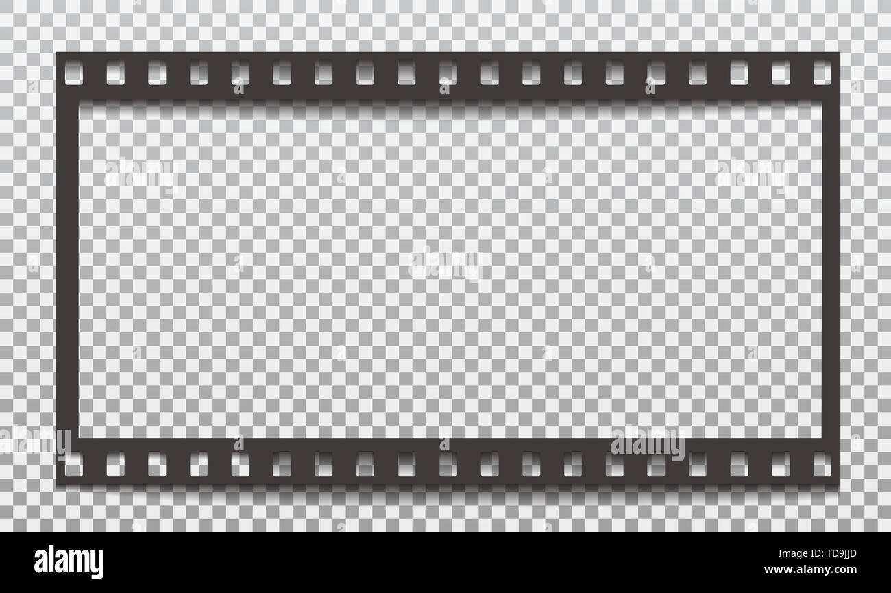 Black grunge horizontal film strip with shadow is on squared grey ...