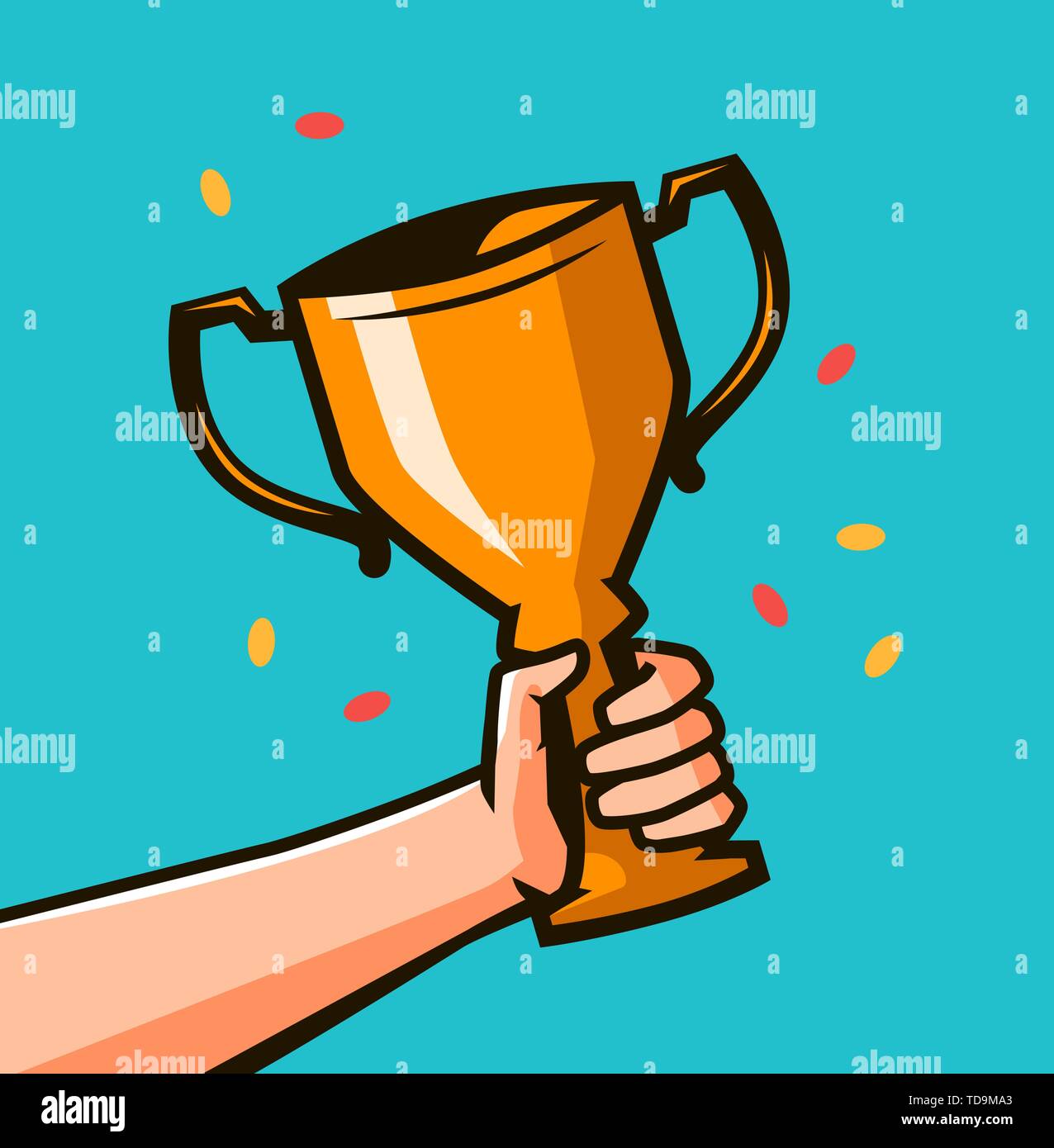 Hand Holding Winners Trophy Award Winning Gold Cup In Hands Stock
