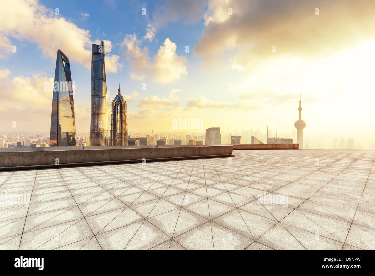 cityscape and skyline of shanghai from empty brick floor Stock Photo ...
