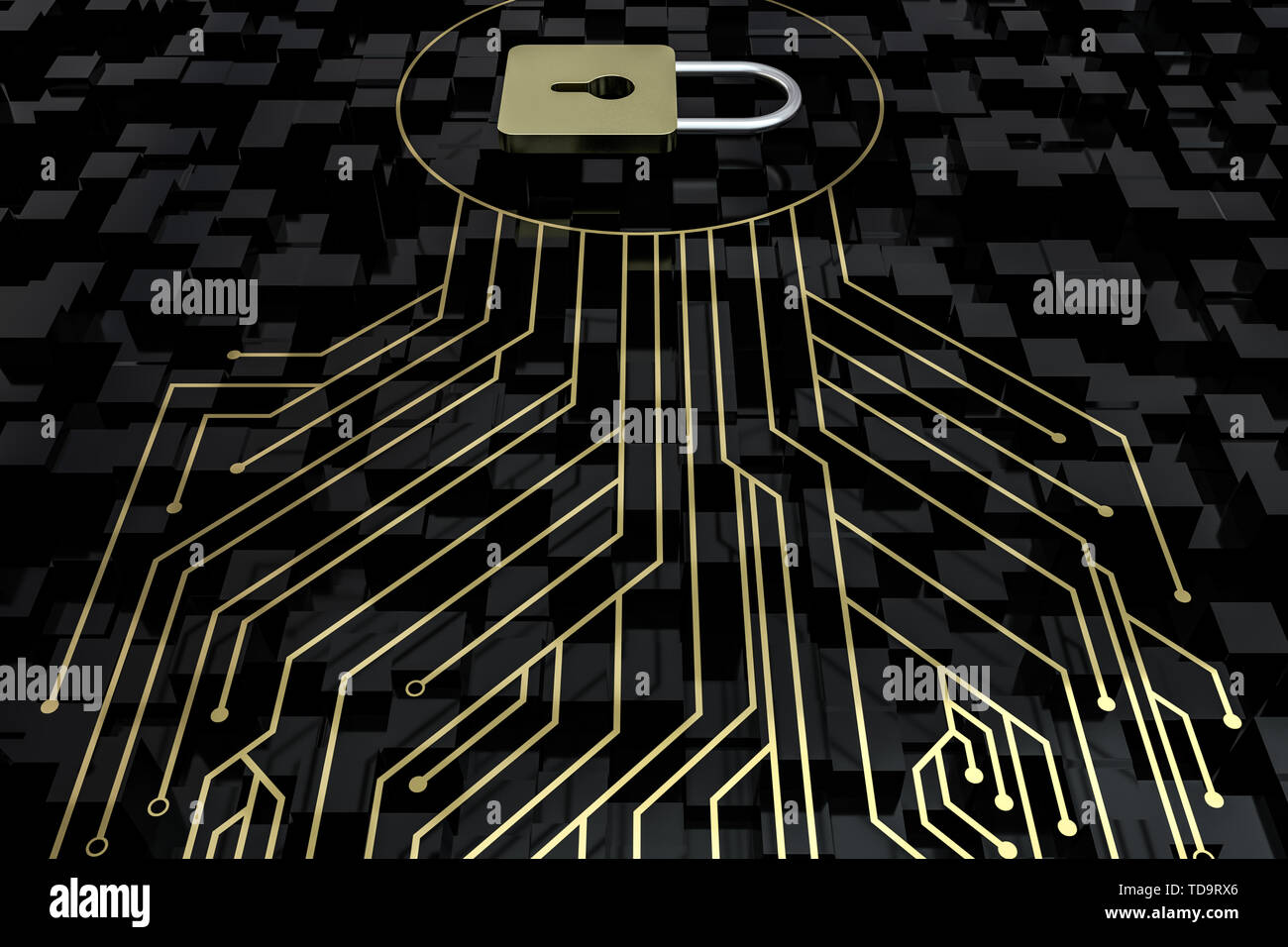 Three-dimensional rendering, metal encryption lock with tech background ...