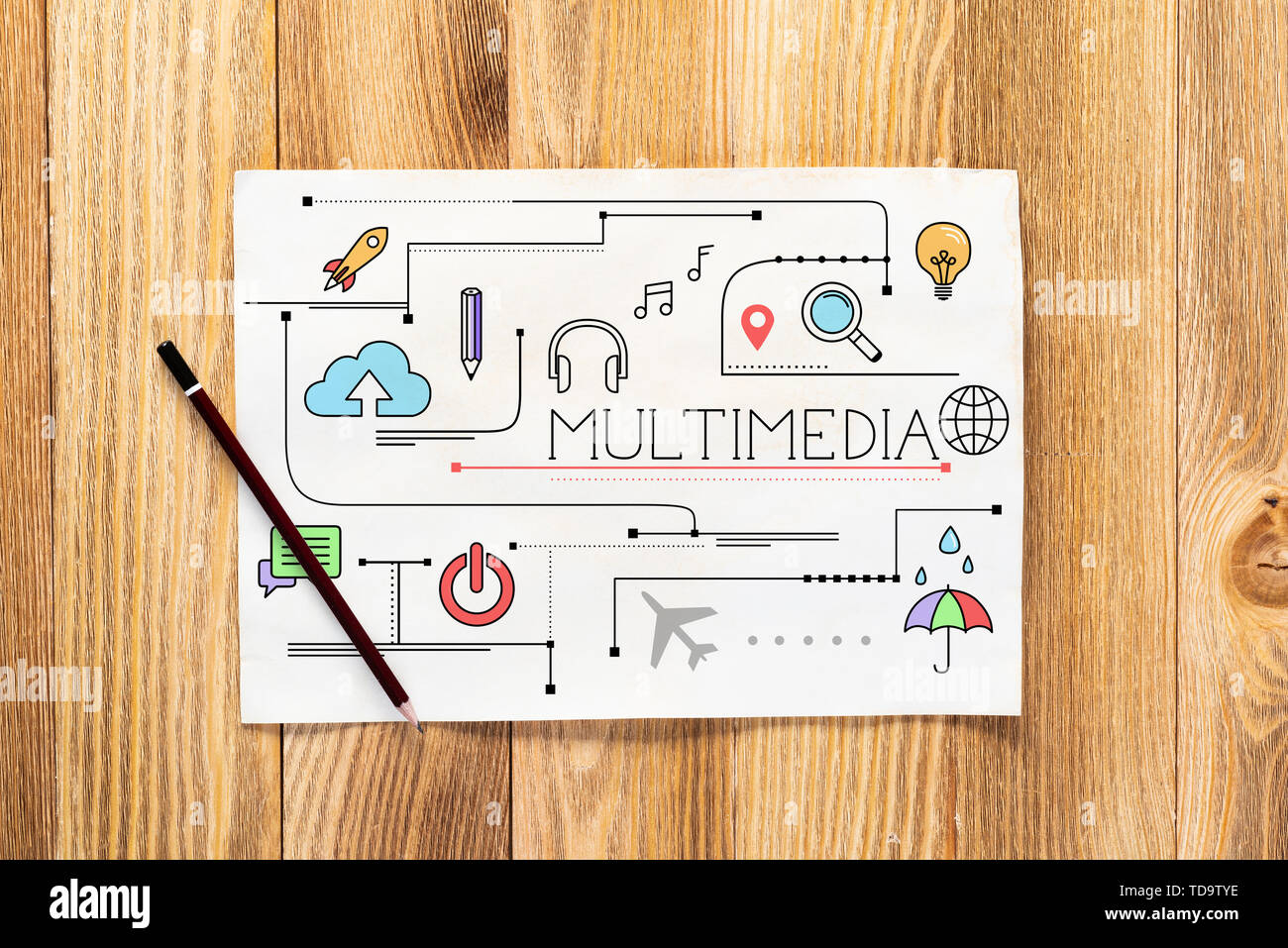 Multimedia content pencil hand drawn with group of social media doodles ...