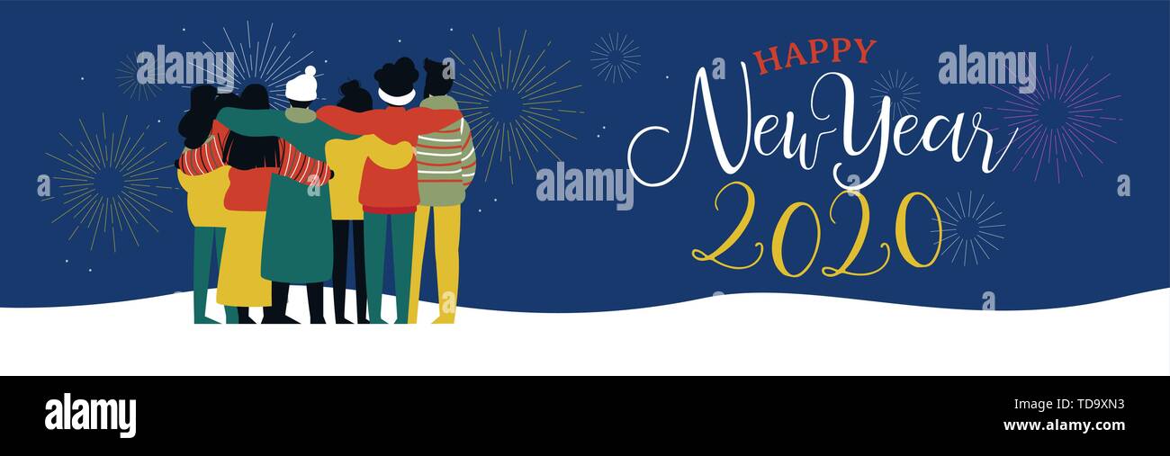 Happy New Year 2020 bannerillustration of young people friend group ...