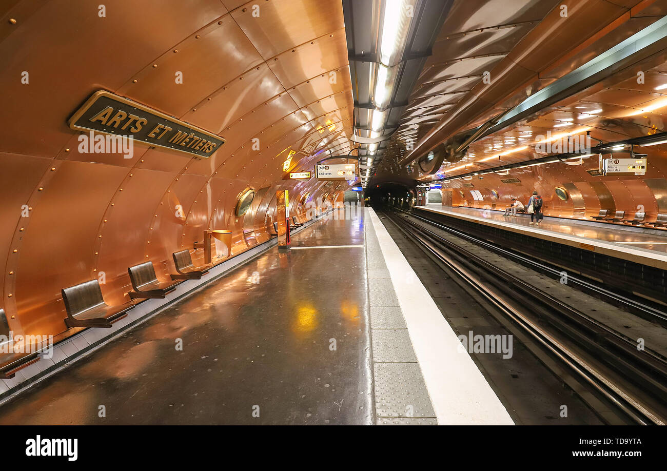 Inside the Metro station Arts et Metiers at line 11 in Paris. The ...