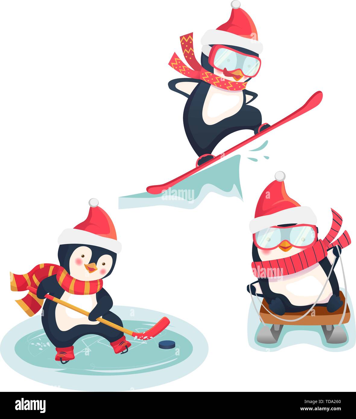Christmas penguins in winter. Winter sports. Childrens sports concept ...