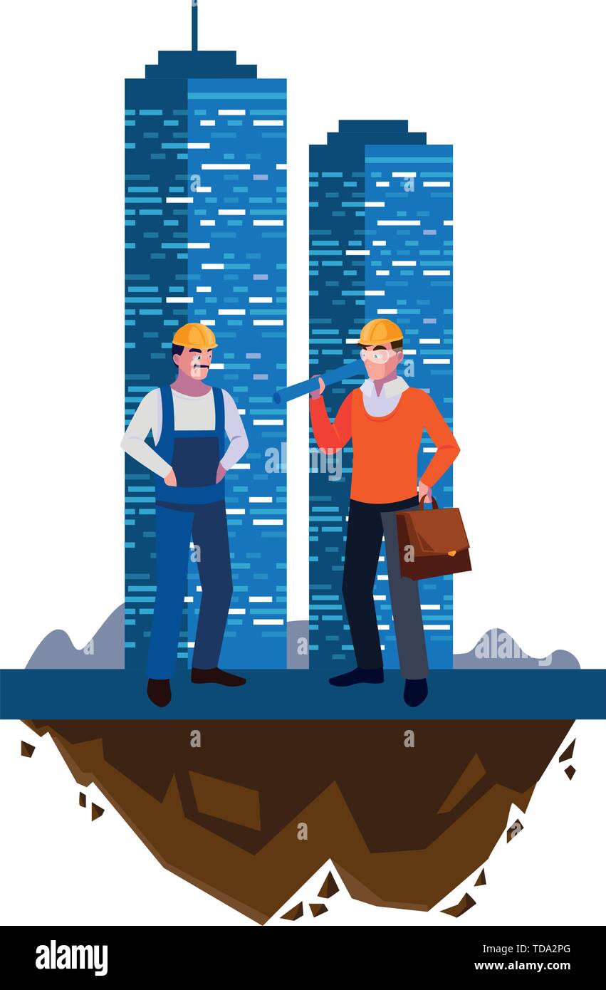 architect builder with constructor workers and building vector ...