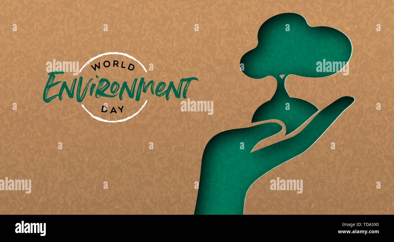 World Environment Day greeting card illustration of green papercut hand ...