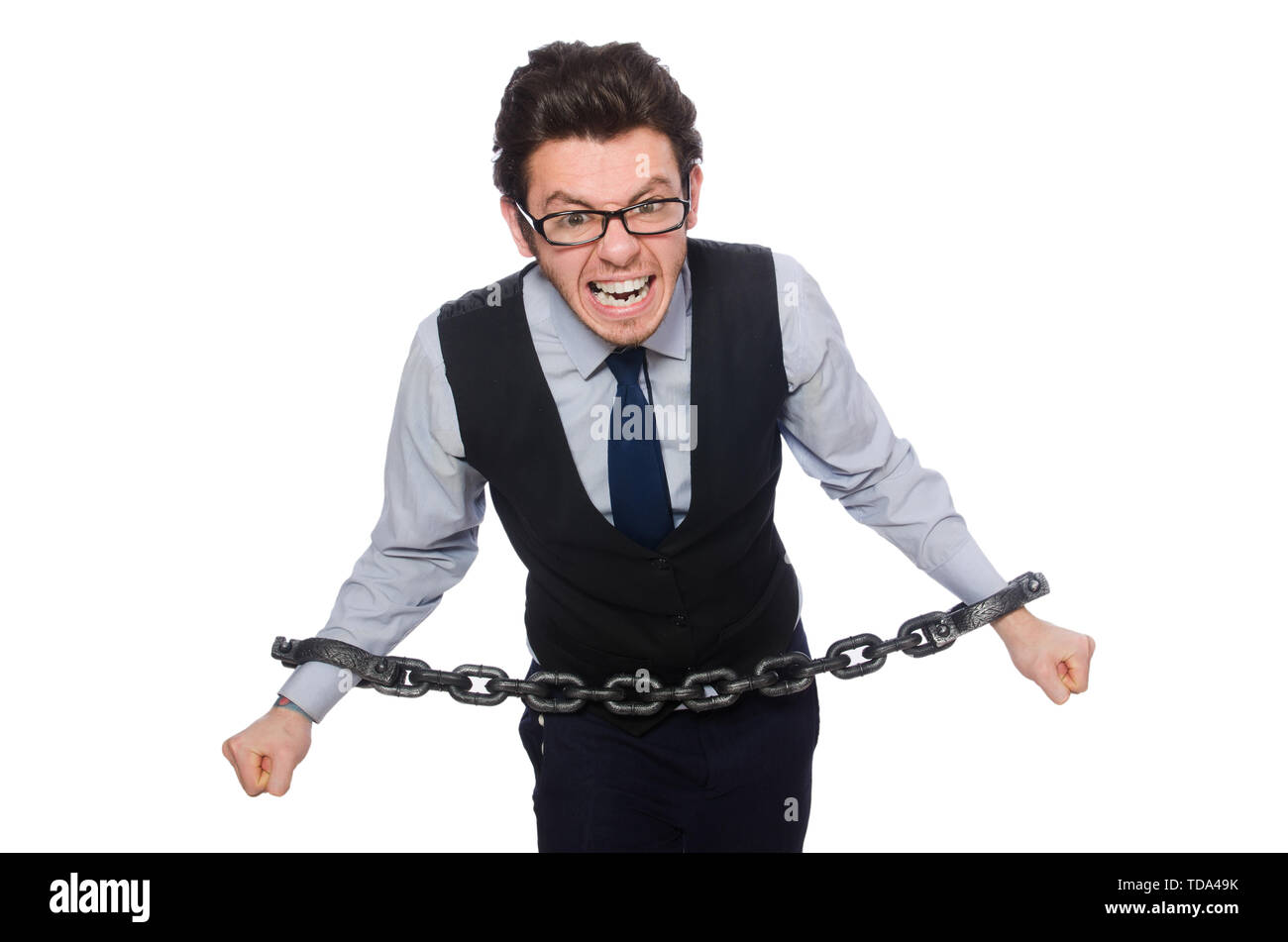 Chained male employee isolated on white Stock Photo - Alamy