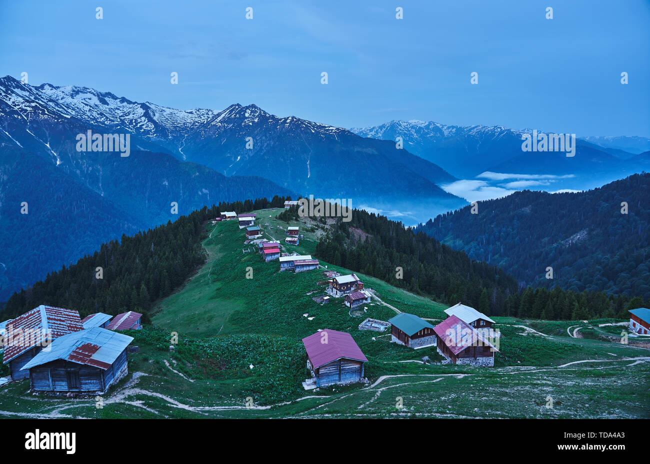 Landscape photo of Pokut Plateau and wooden houses. It was taken at ...