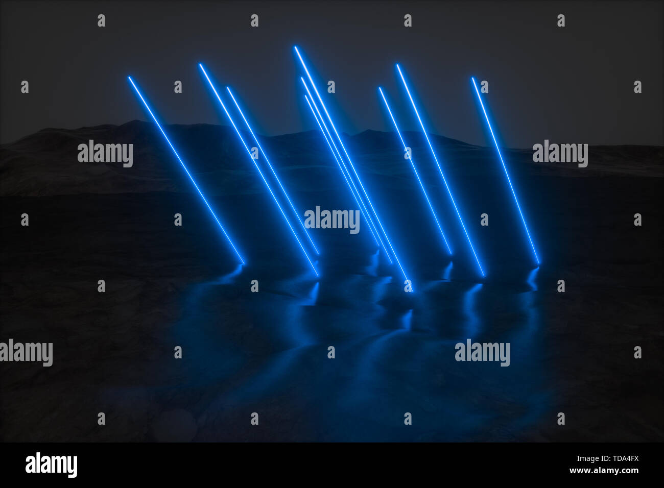 Three-dimensional rendering, colorful lines with dark terrain Stock ...